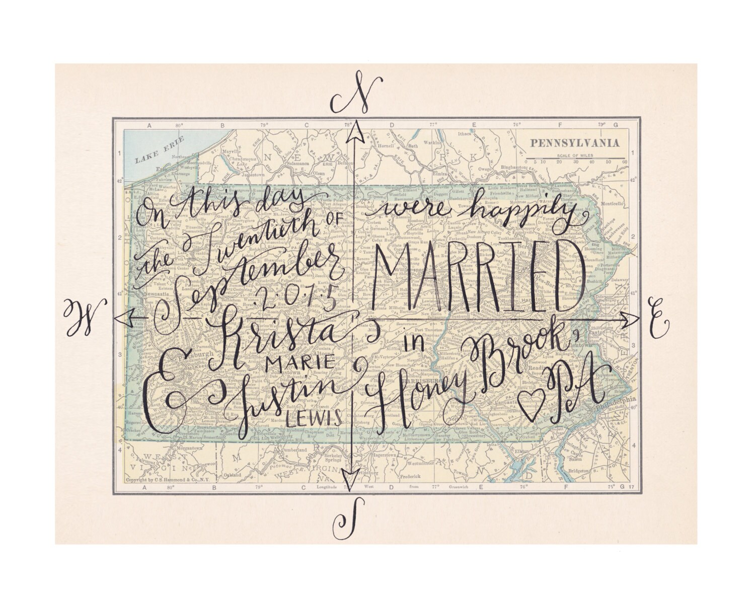 Hand Lettered Vintage Map weddings, Anniversaries, & More - Etsy
