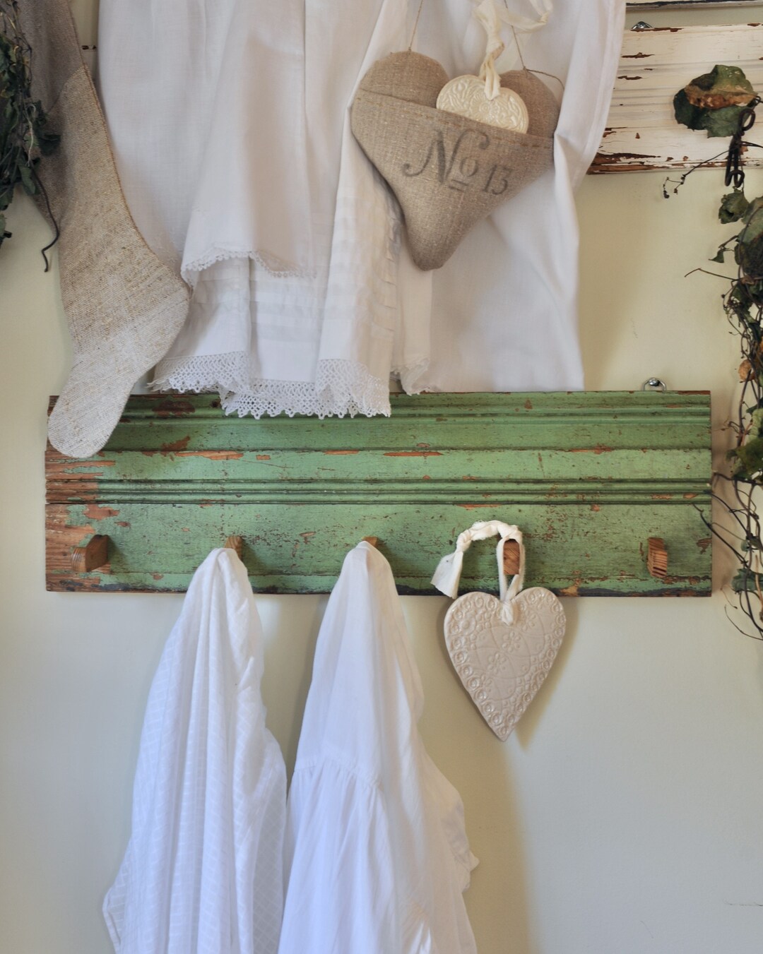 Peg Rack, Reclaimed Antique Trim Lumber With Green Paint and Handmade ...