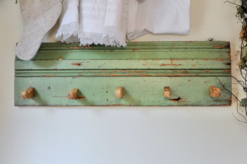 Handmade Peg Rack, Reclaimed Antique Trim Lumber With Green Paint and ...