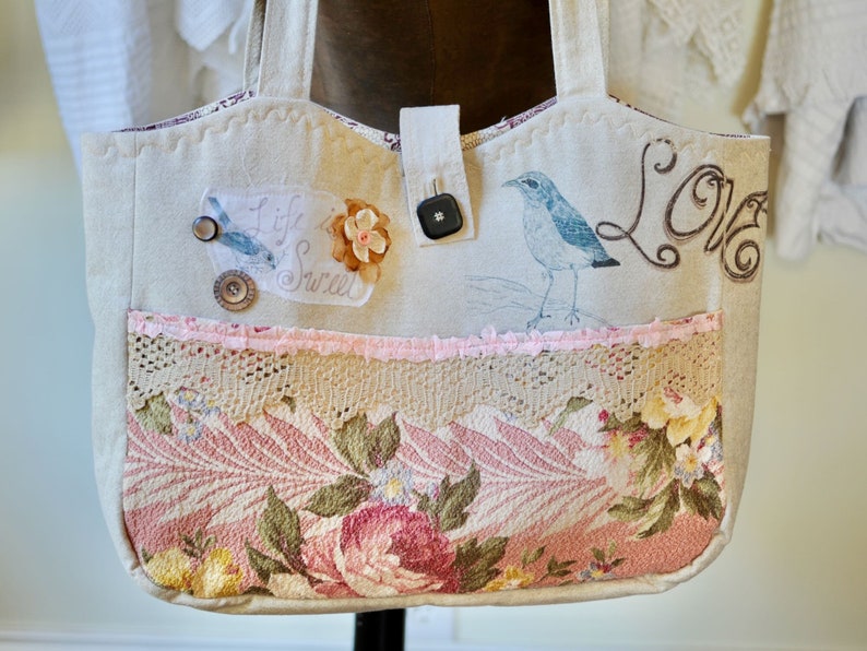 LOVE and BIRDS Handmade Vintage Bark Cloth Tote, Vintage Embellishments ...