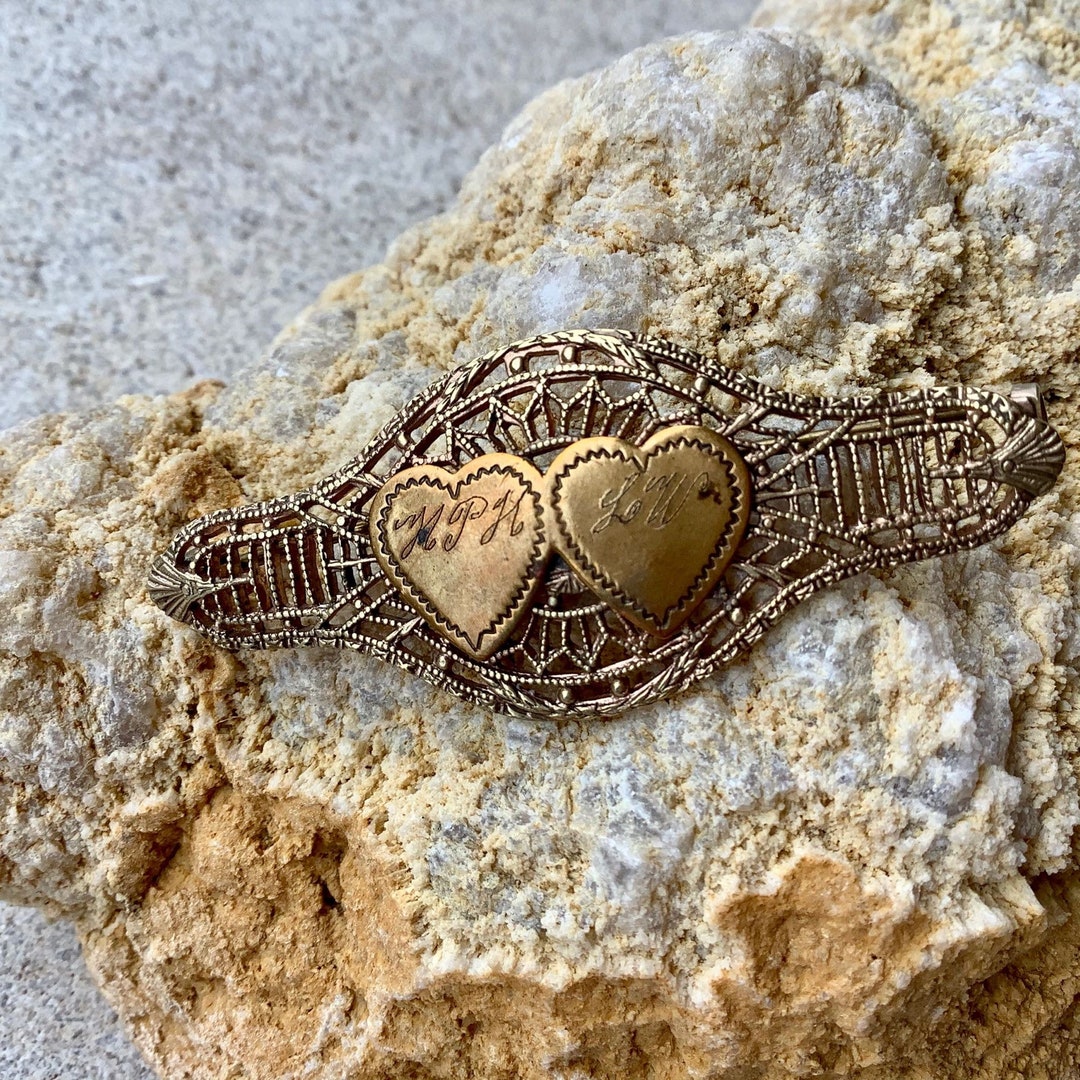 Ornate Vintage Two Hearts Brass Brooch With Inscription and Filigree ...