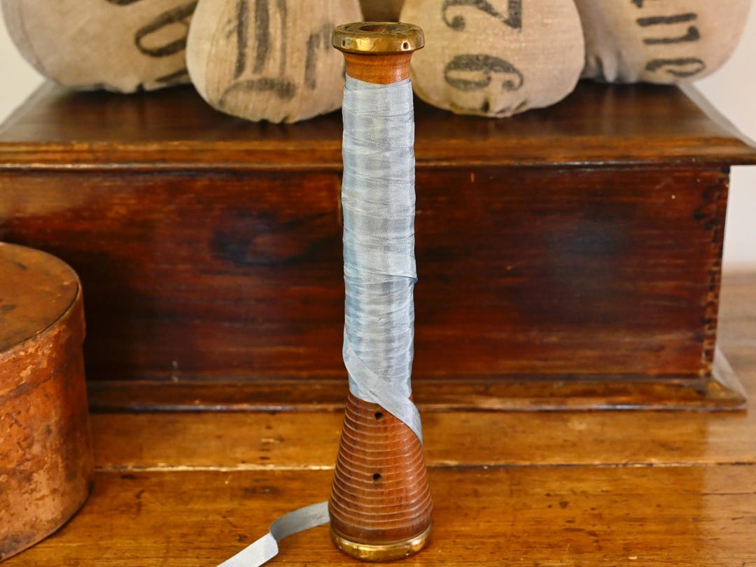 Antique Wooden Bobbin With Blue Ribbon, Textile Woolen Mill Spool ...