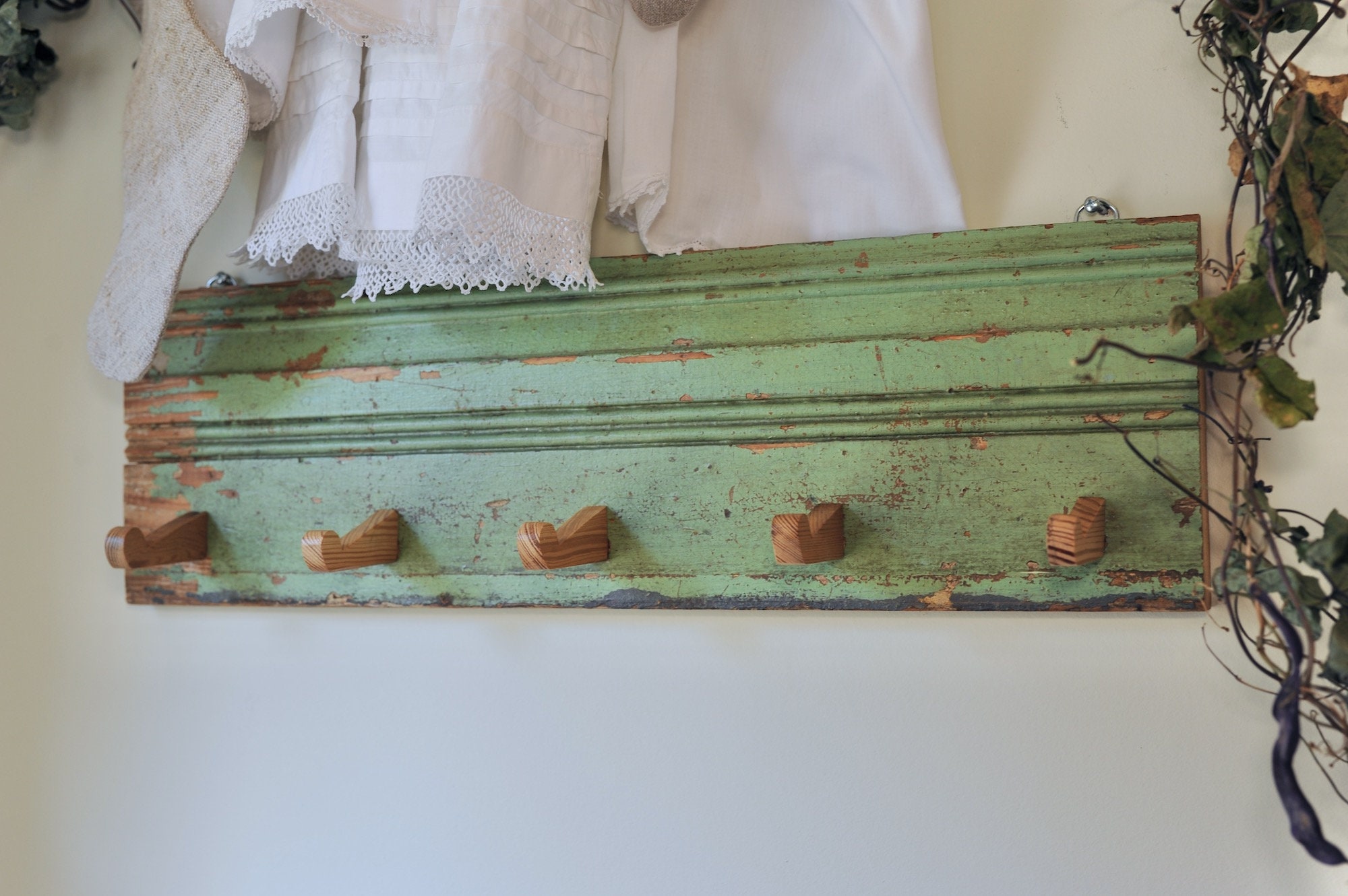 Peg Rack, Reclaimed Antique Trim Lumber With Green Paint and Handmade ...