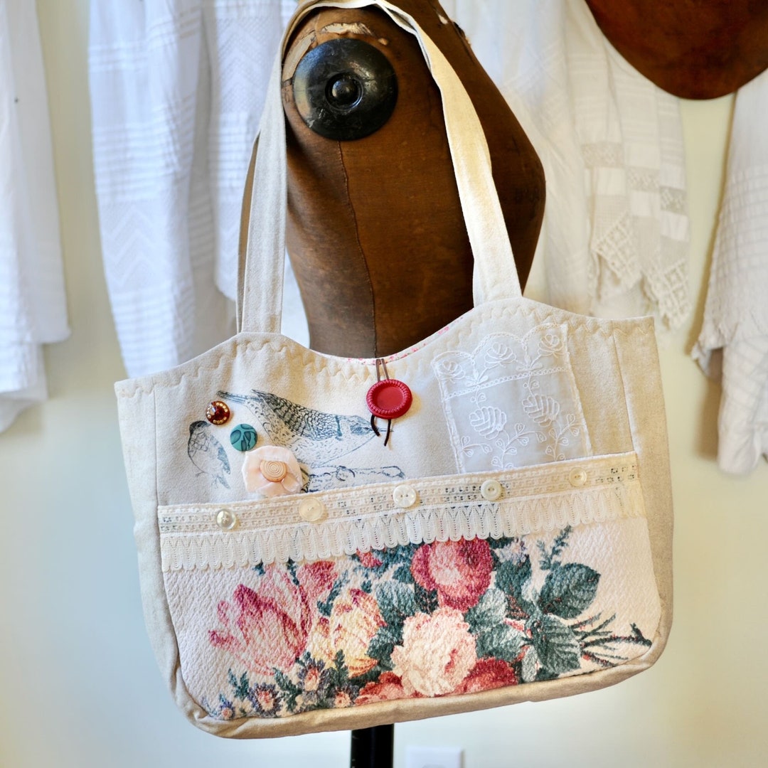 Beautiful Handmade Tote With Vintage Barkcloth Floral Fabric and Bird ...