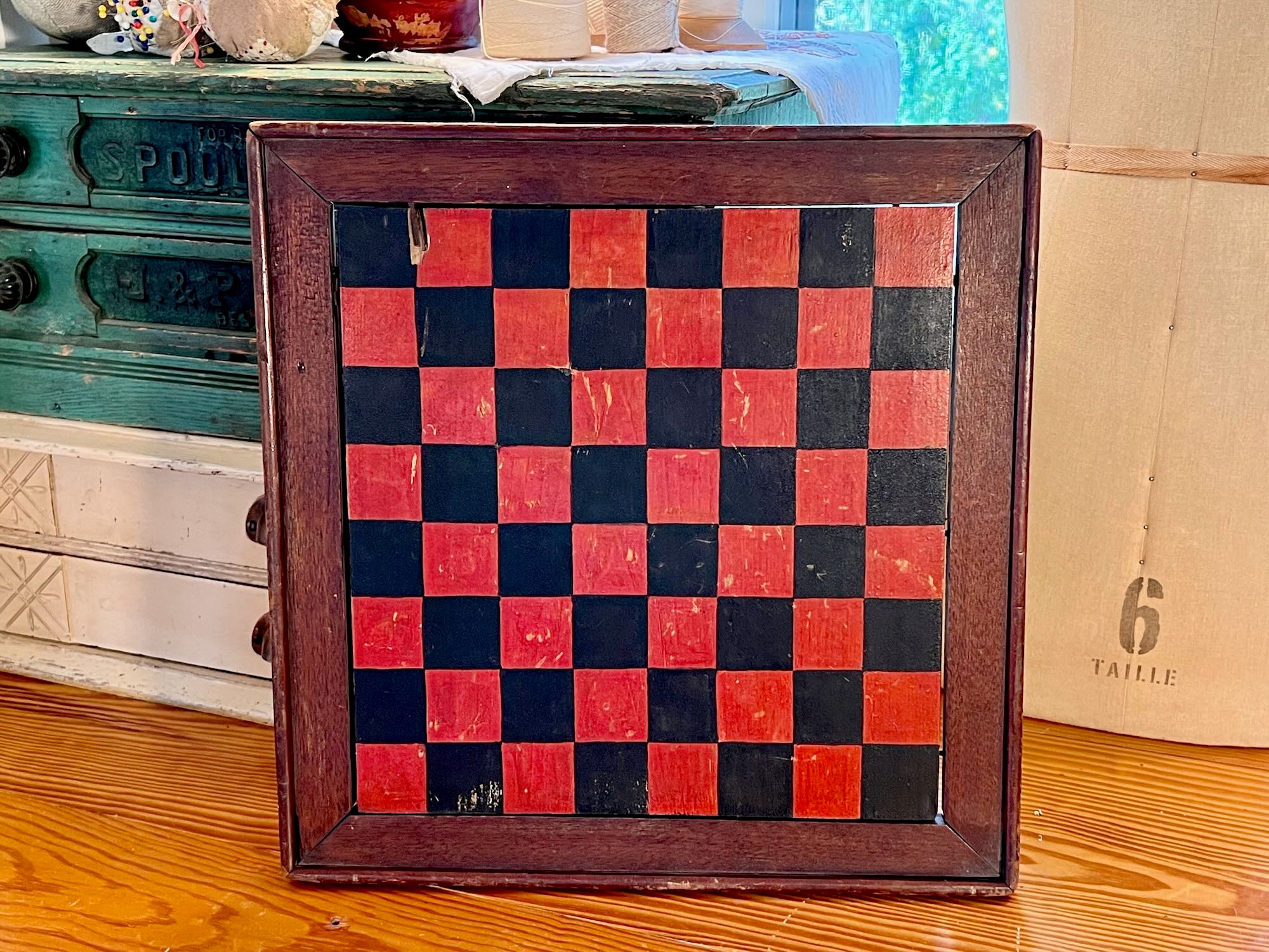 Antique Wooden Checkers Game Board, Vintage Red and Black Hand-painted ...