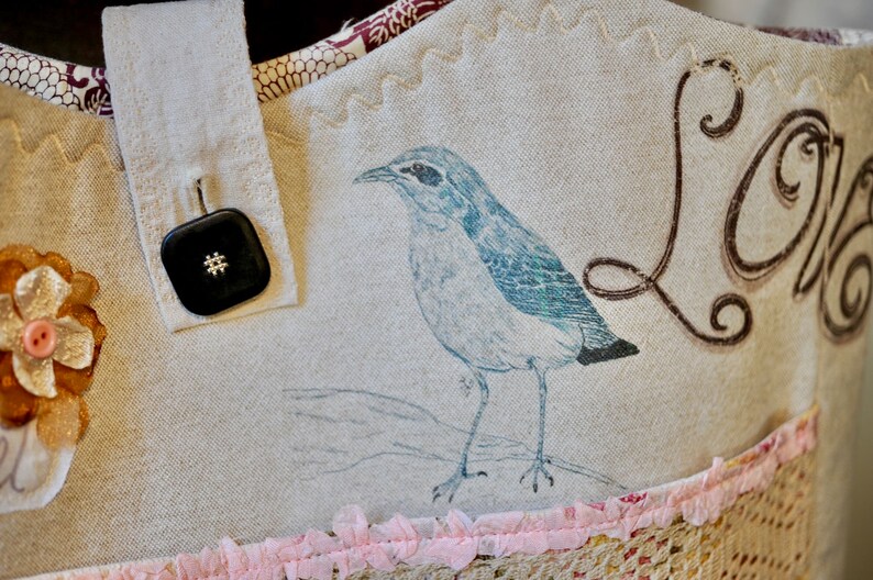 LOVE and BIRDS Handmade Vintage Bark Cloth Tote Vintage - Etsy