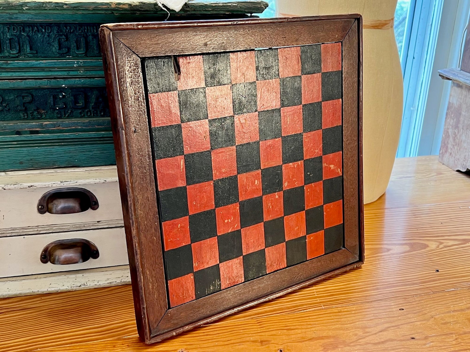 Antique Wooden Checkers Game Board, Vintage Red and Black Hand-painted ...