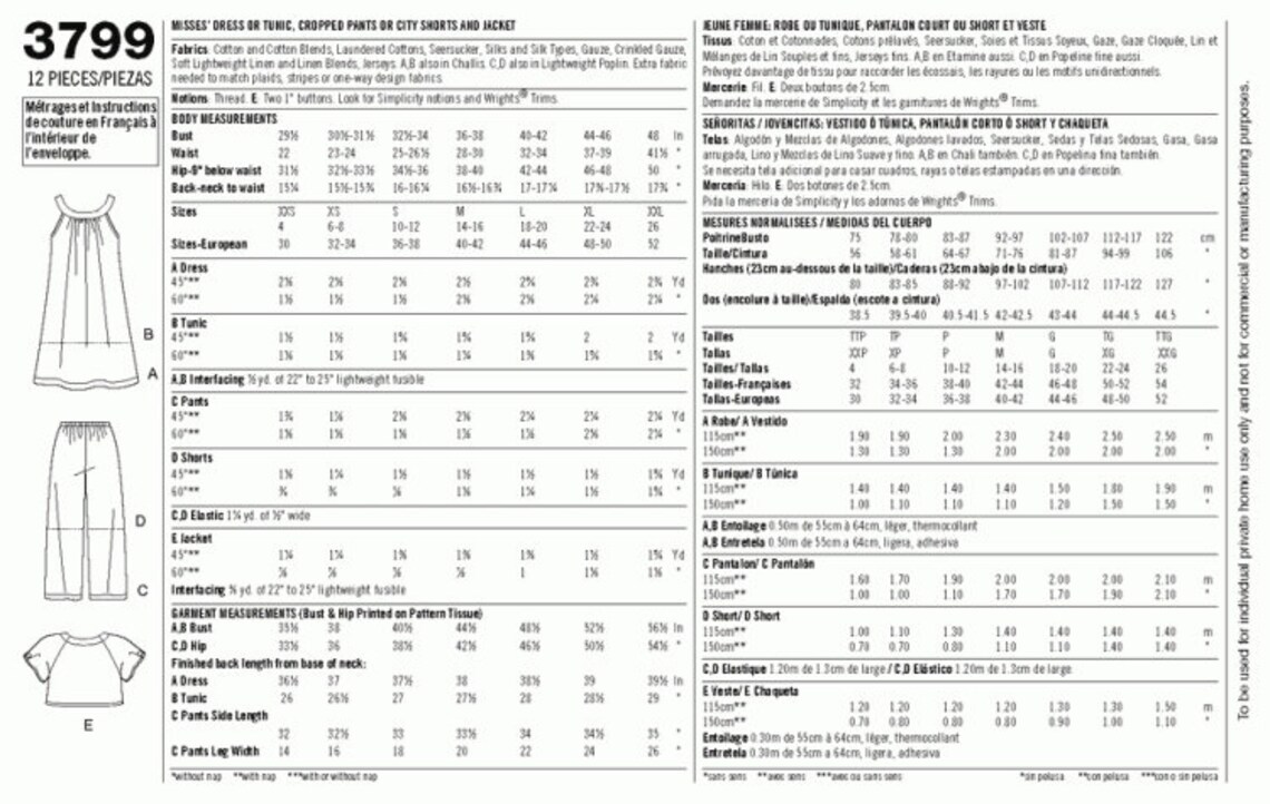 Simplicity 3799 Misses' Dress or Tunic Cropped Pants - Etsy