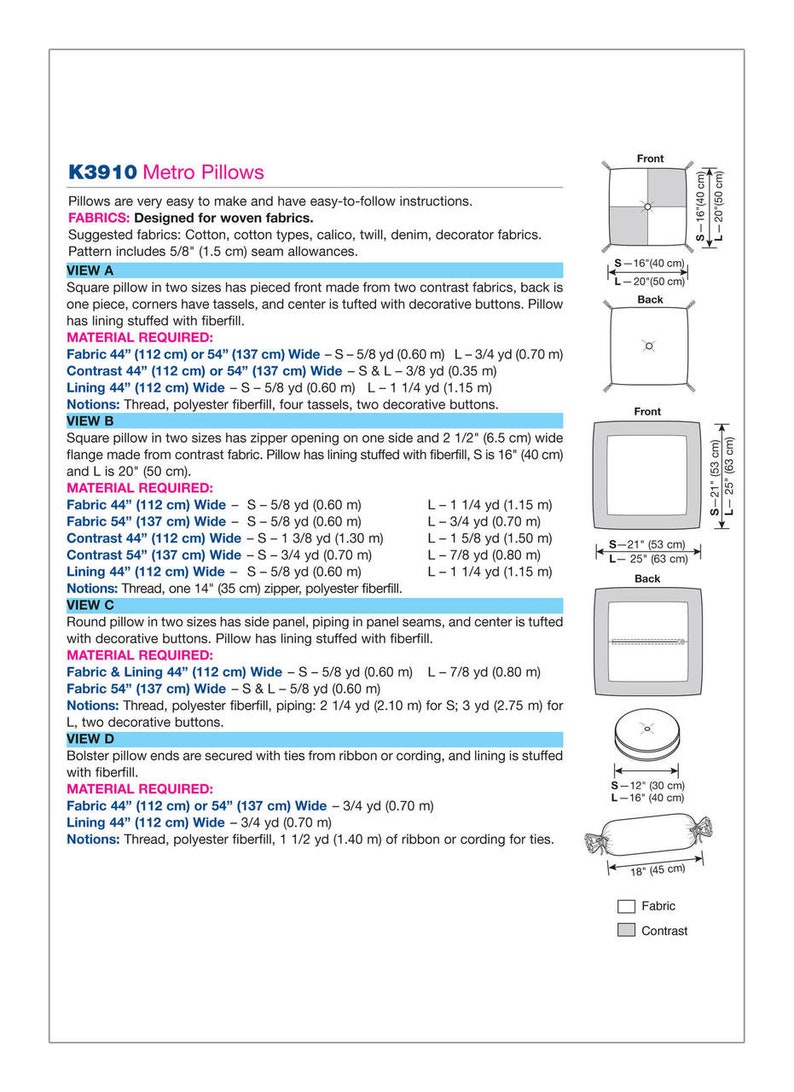 Kwik Sew K3910 Square Round and Bolster Pillows - Etsy
