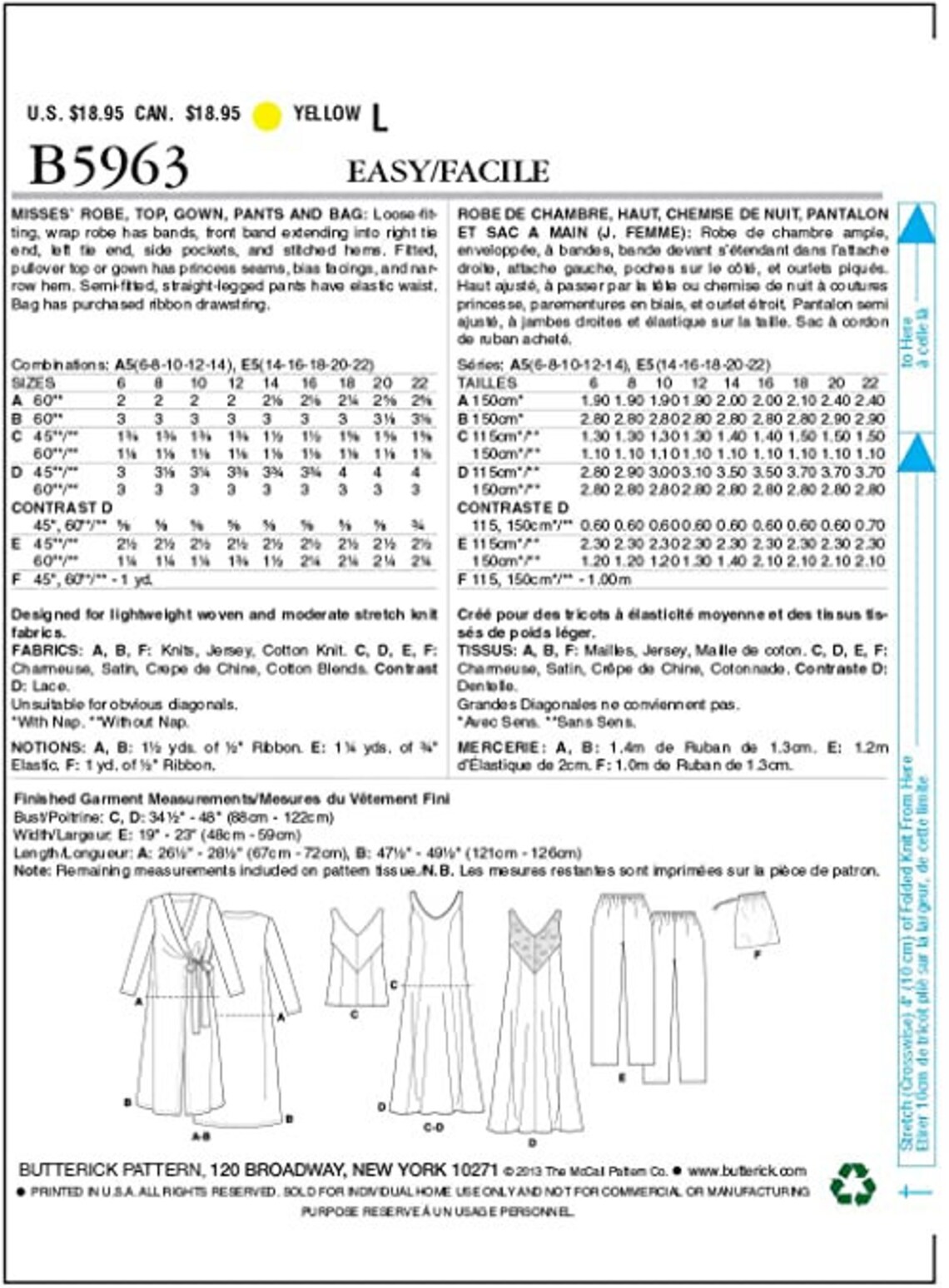 Misses' Side-tie Robe, Top, Gown, Pants and Drawstring Bag - Butterick ...