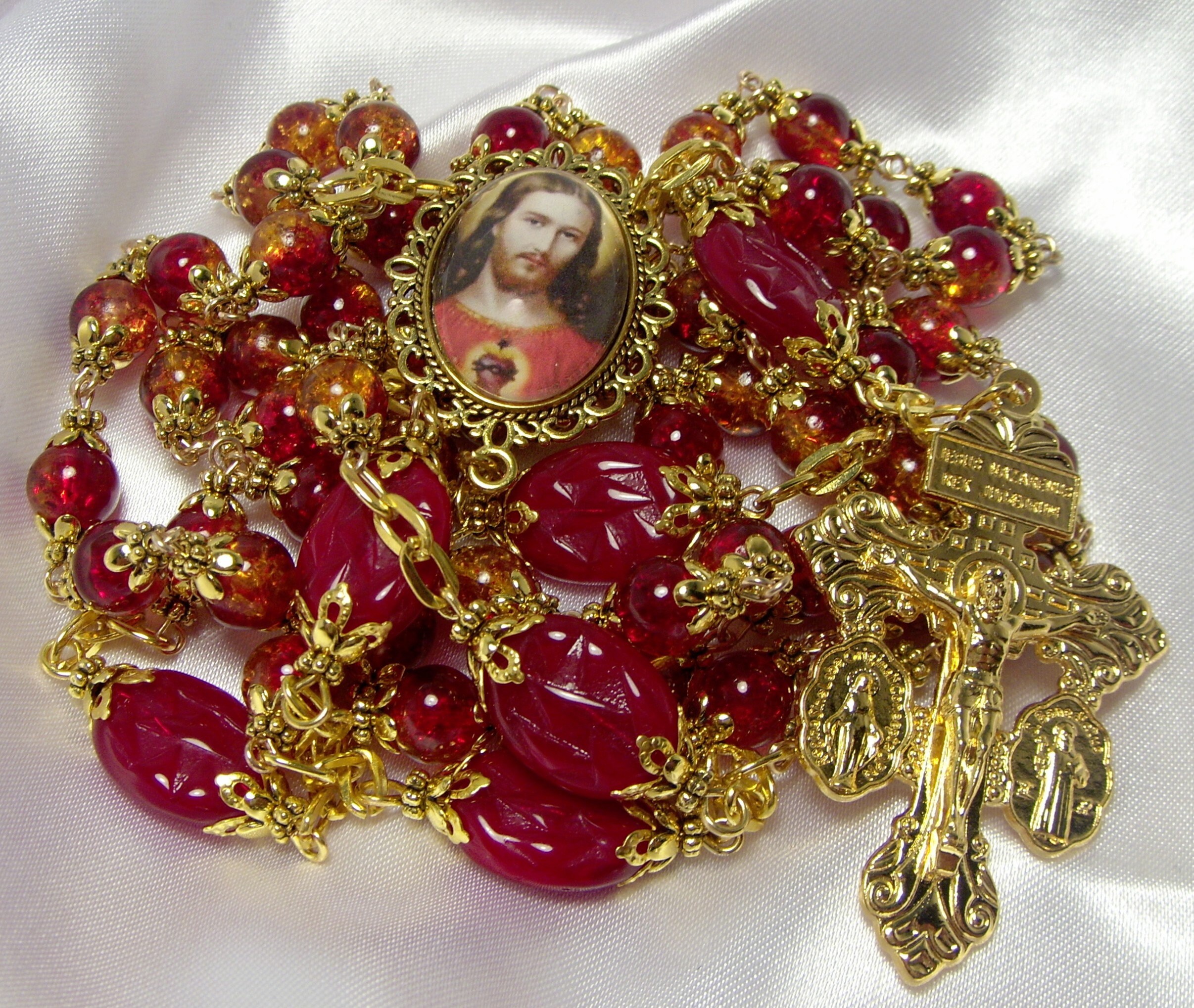 Red Rosary-sacred Heart of Jesus Cameo Rosary-2 Tone Fire Crackle Glass ...