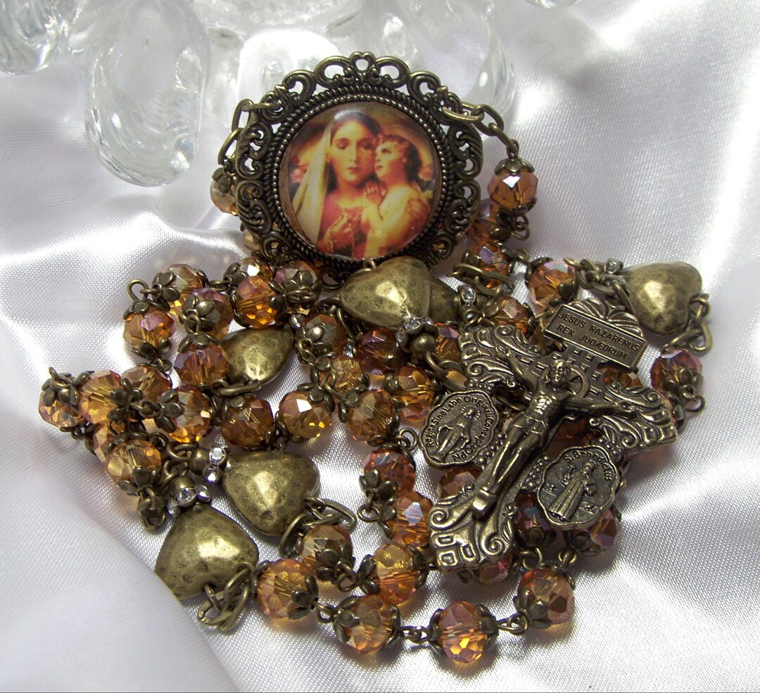 Vintage Style Bronze Rosary-madonna & Child Glass Cameo Center-orange ...