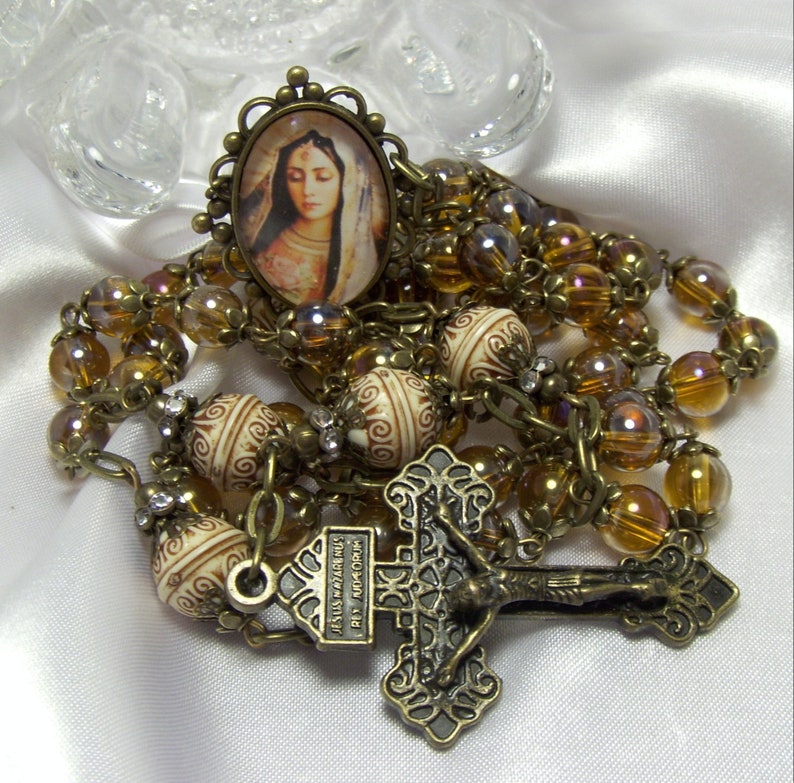 Bronze Rosary-handmade-virgin Mary Cameo Rosary-rich Honey Luster Glass Beads-heirloom Rosary ...