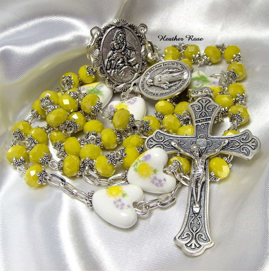 Yellow Rosary Silver Madonna & Child-miraculous Medal Rosary-faceted ...