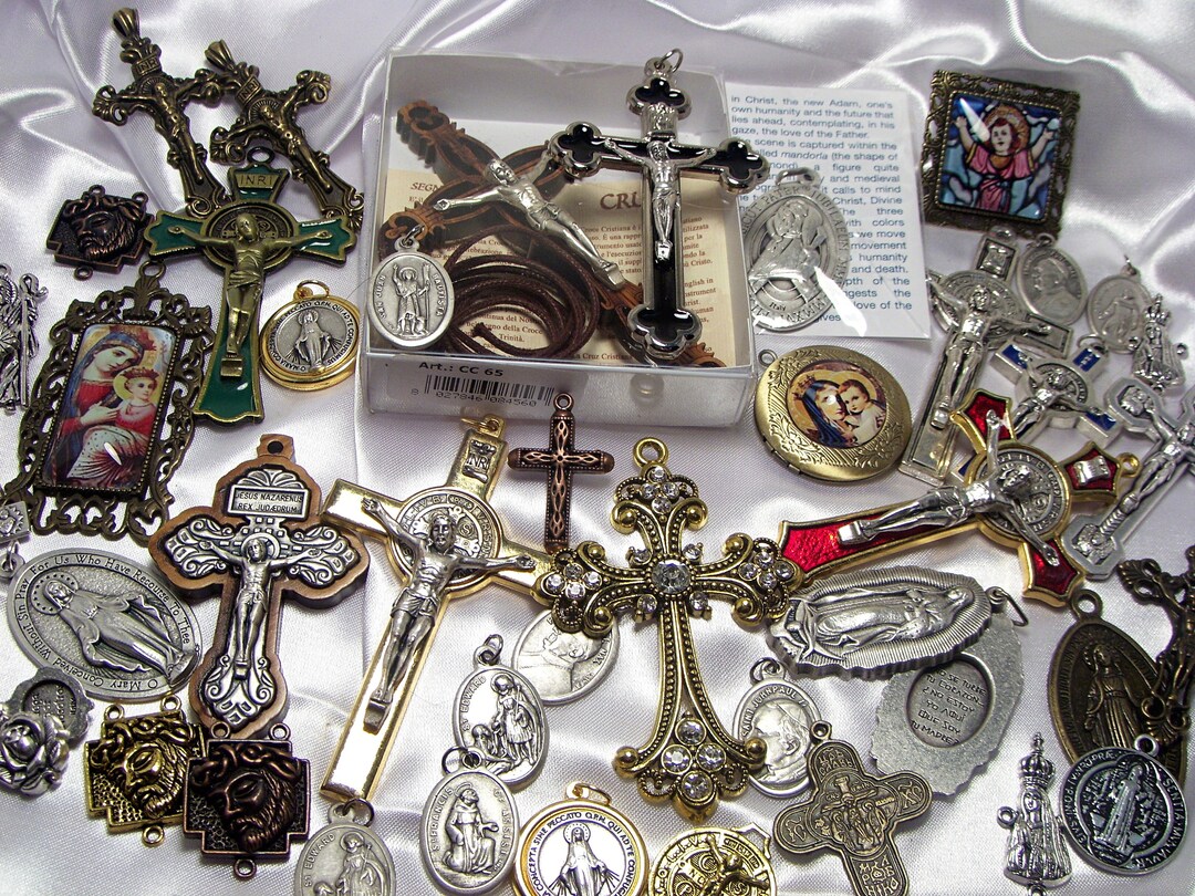 Huge Lot Religious Items-saints Medals-crucifixes-charms-rosary Making ...