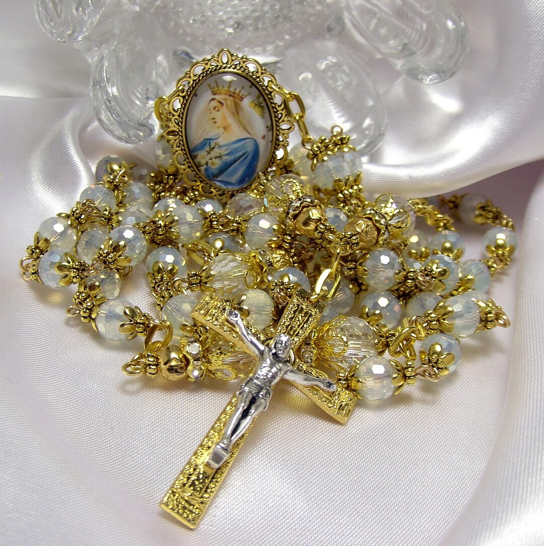 Gold Catholic Rosary-handmade Mary Glass Center-faceted Opal Glass ...