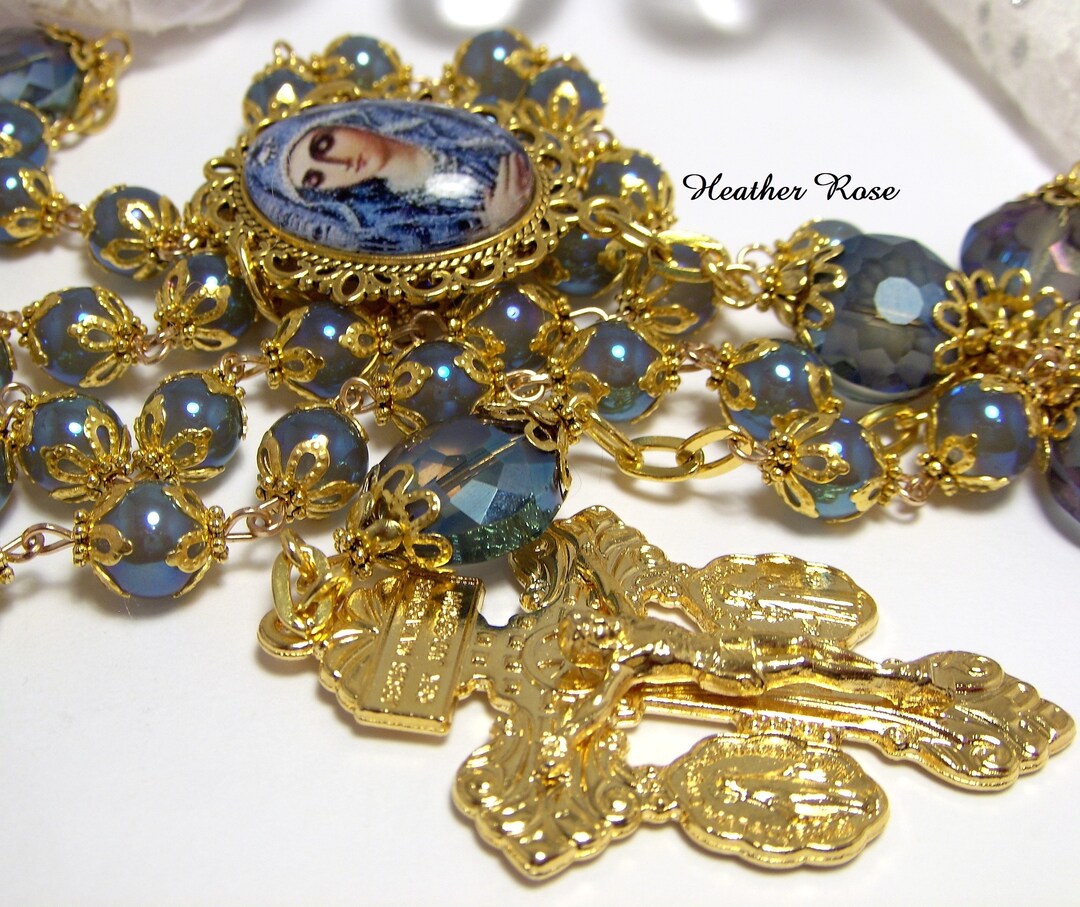 Blue Rosary-handmade Cameo Center-virgin Mary Rosary-slate Blue Luster ...