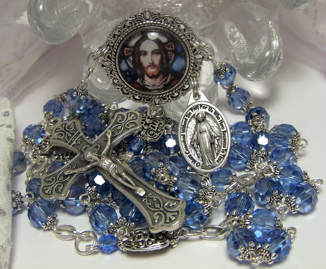 Blue Rosary-handcrafted Glass Jesus Cameo-light Blue Faceted Capped ...