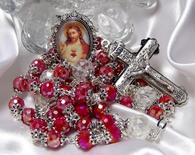 Red Rosary-handmade Sacred Heart of Jesus Cameo Center-faceted Red ...