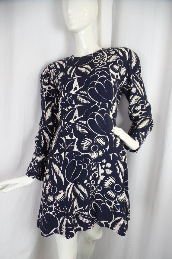 70s-80s JEAN MUIR STUDIO navy floral mini dress/tunic… - Gem