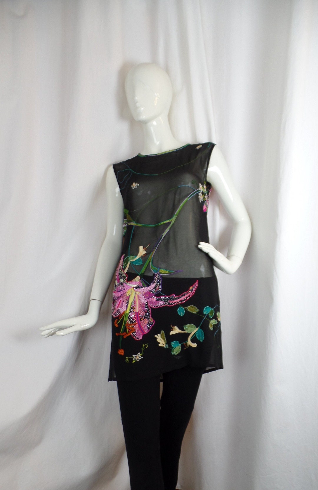 Vintage RAFFAELLA CURIEL Floral Beaded Embroidered Silk Tunic/ Black ...