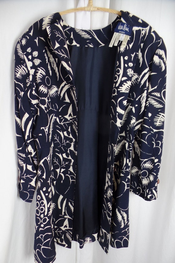 70s-80s JEAN MUIR STUDIO navy floral mini dress/tunic… - Gem