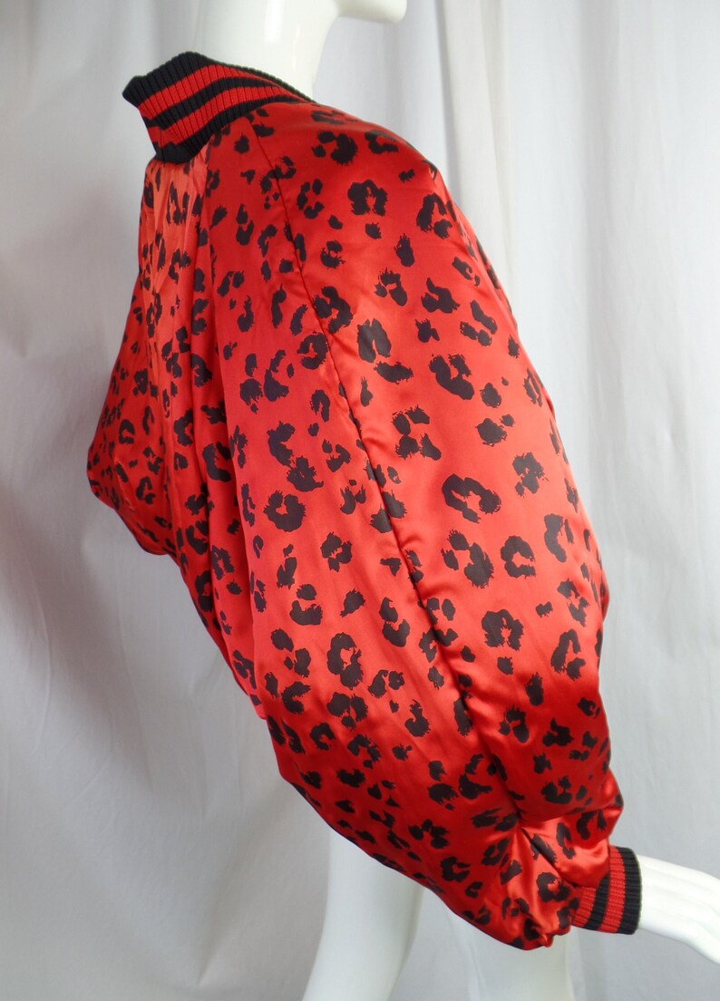 80s Reversible Black Rabbit Fur& Red Leopard Satin Bomber Jacket ...
