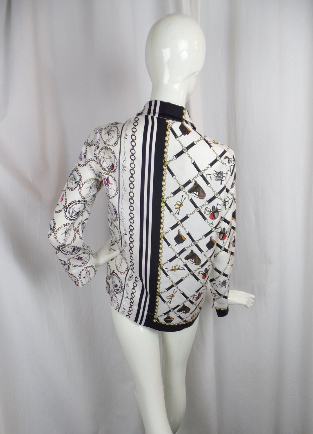 80s Equestrian and St Mortitz Ski Holiday Theme Silk Blouse/ Hermes ...