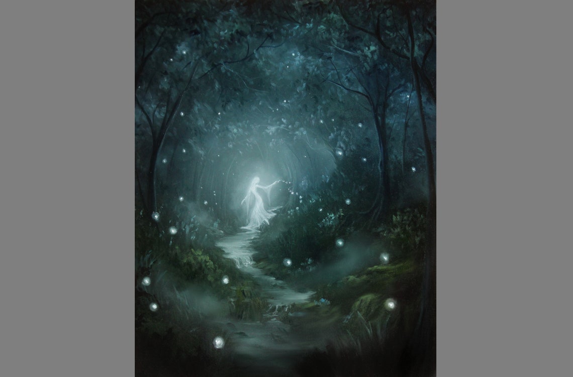 Art PRINT - Enchanted Dark Forest River Spirit Ghost Girl Fireflies ...