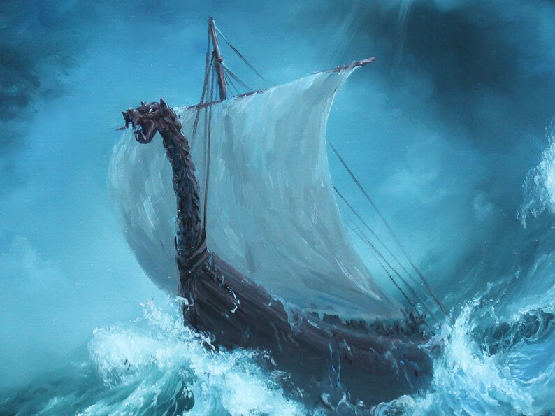 Art PRINT Viking Longboat Dark Blue Green Cloudy Ship - Etsy
