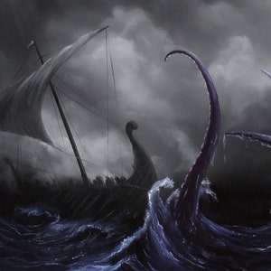 Art PRINT Viking Longboat Ship Lovecraftian Monster Horror Fantasy ...