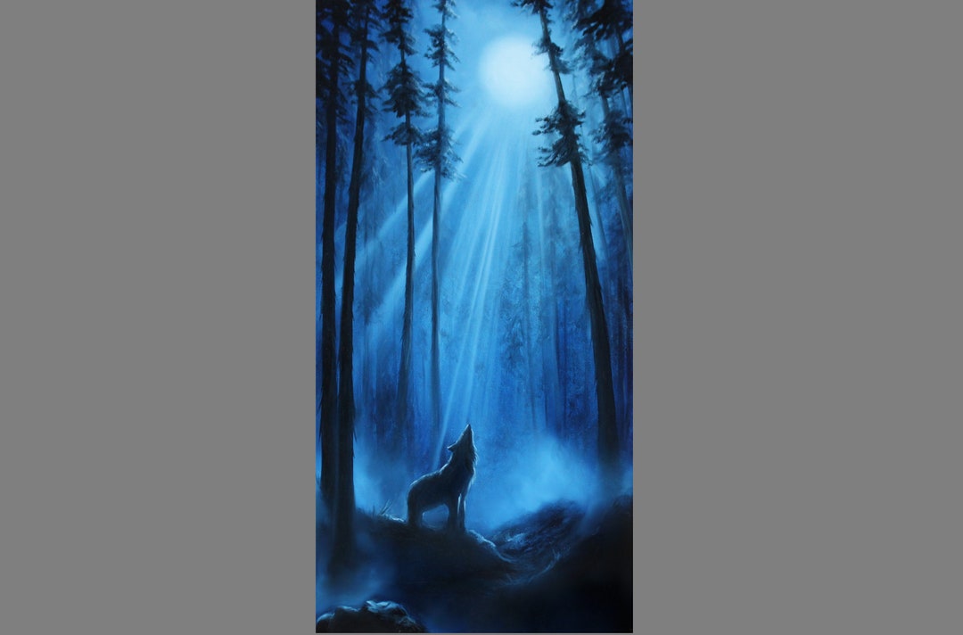 Art PRINT Blue Wolf Howl Howling at the Moon Moonlit Midnight Forest ...