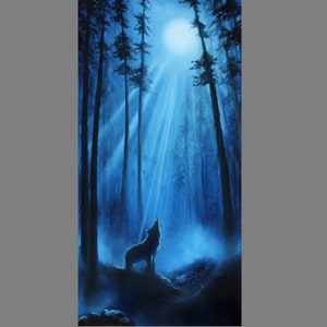 Art PRINT Blue Wolf Howl Howling at the Moon Moonlit Midnight Forest ...