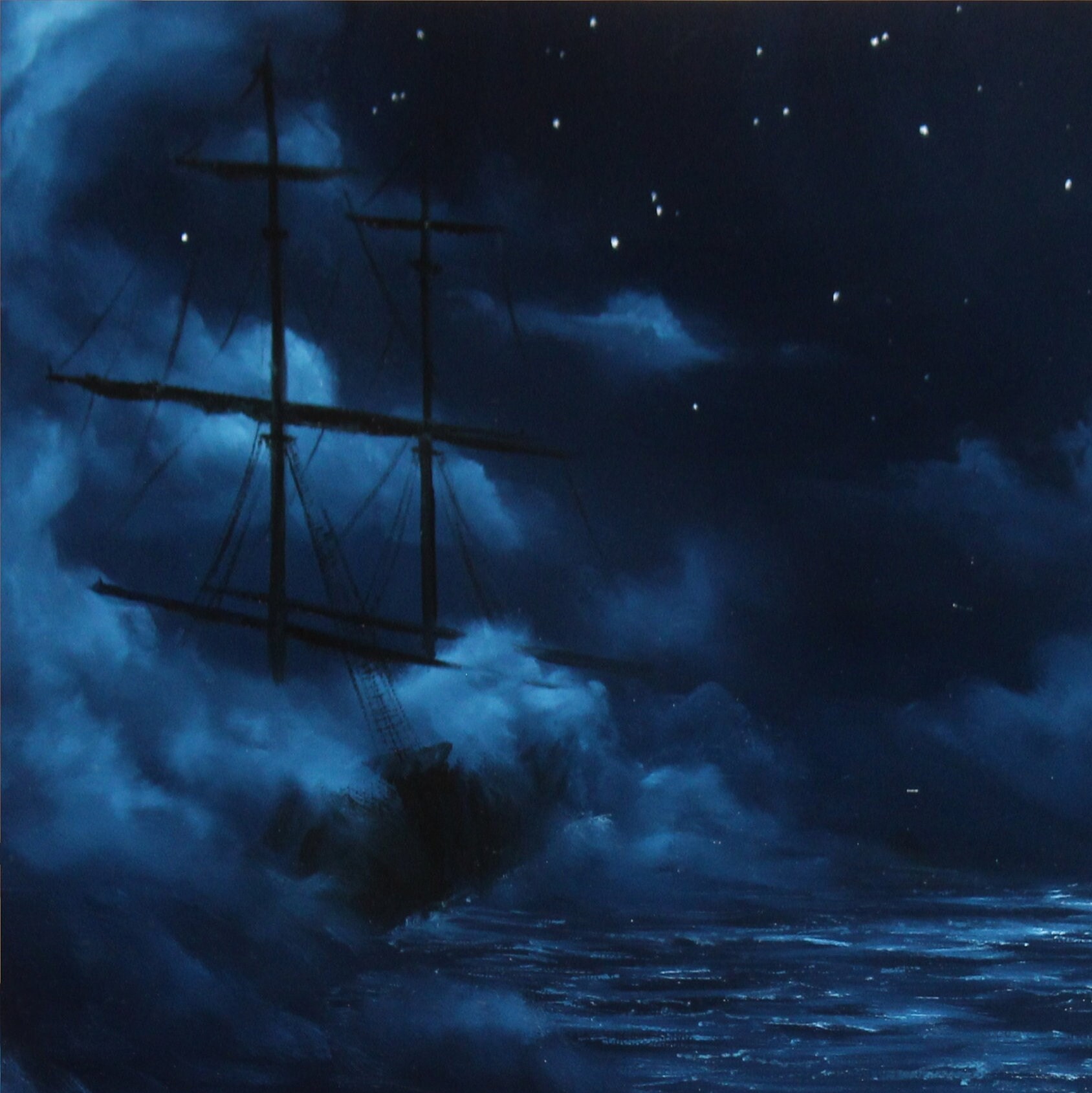 Art PRINT - Midnight Mermaids Sirens Dark Blue Foggy Night Ship Sailing ...