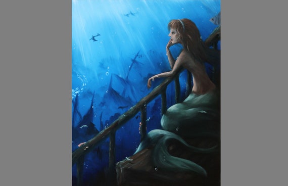 Art PRINT Mermaid Shipwreck Underwater Ocean Fish Sharks Sea | Etsy