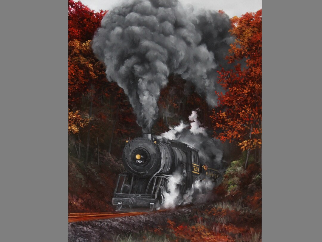 Art PRINT - Autumn Train Steam Engine Locomotive Steampunk Fall Colors ...