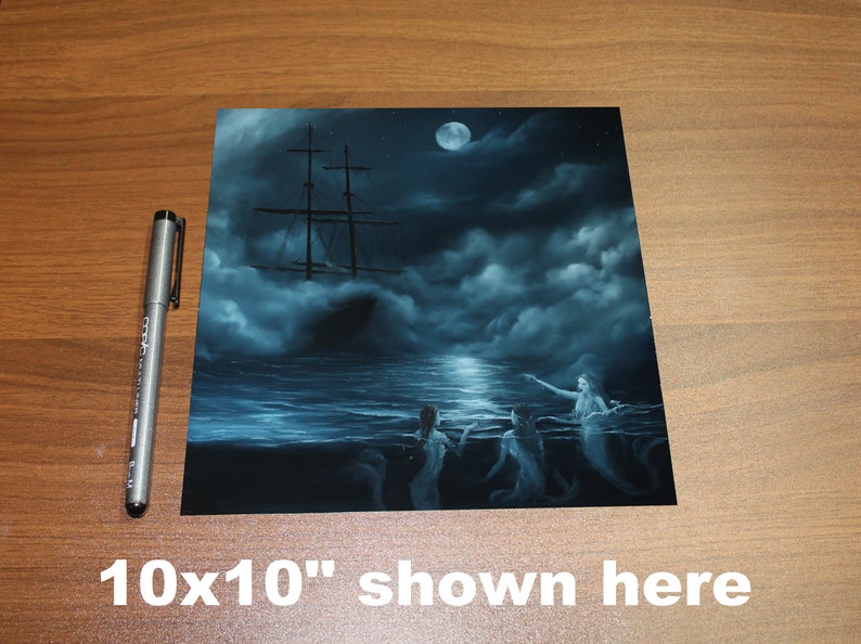 Art PRINT - Midnight Mermaids Sirens Dark Blue Foggy Night Ship Sailing ...