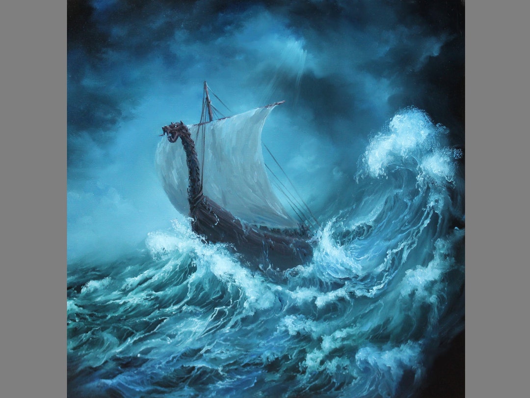 Art PRINT - Viking Longboat Dark Blue Green Cloudy Ship Sailing Ocean ...