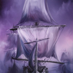 Art PRINT - Sailing Ships Ocean Purple Blue Pirate Ships - Choose Size ...