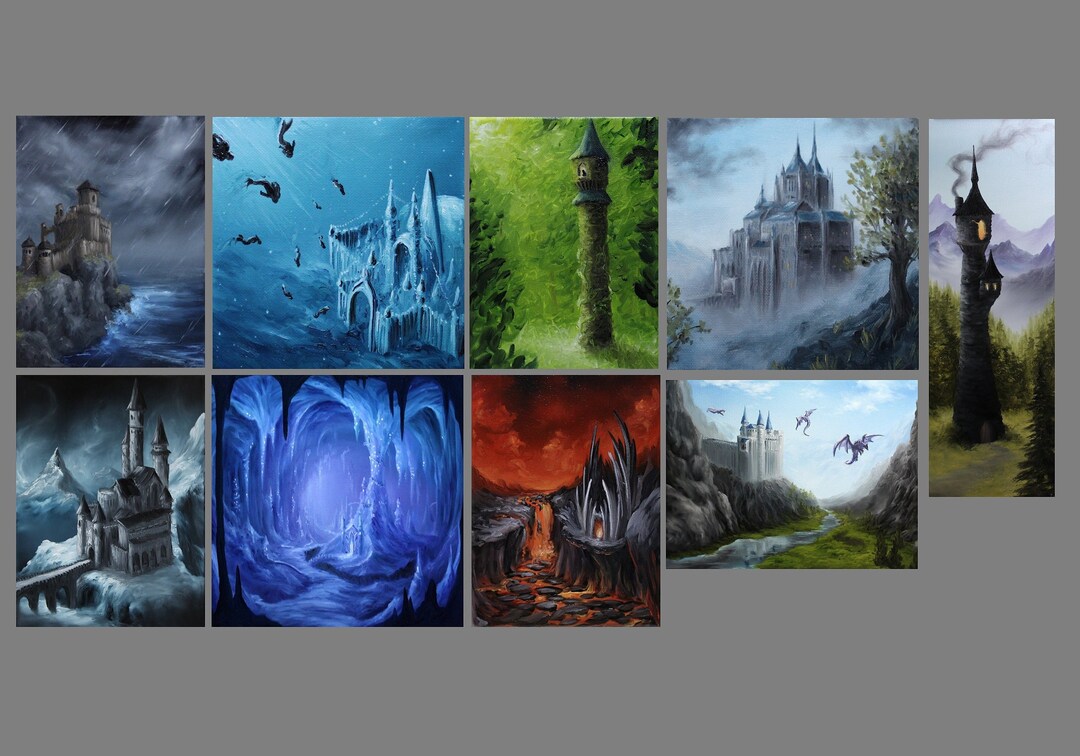 2x4"- 4x4" Magnet Castle Tower Fantasy Landscape Medieval Dragon Art ...
