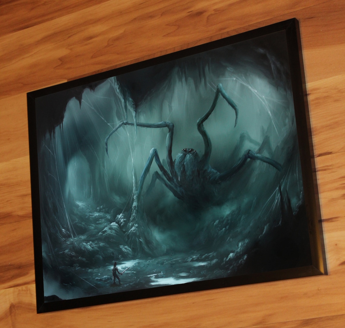 Art PRINT Green Cave Giant Spider Monster Fight Horror - Etsy