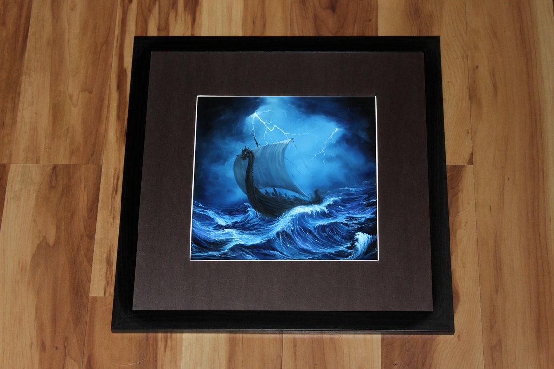 Art PRINT Lightning Viking Longboat Dark Blue Foggy Night | Etsy