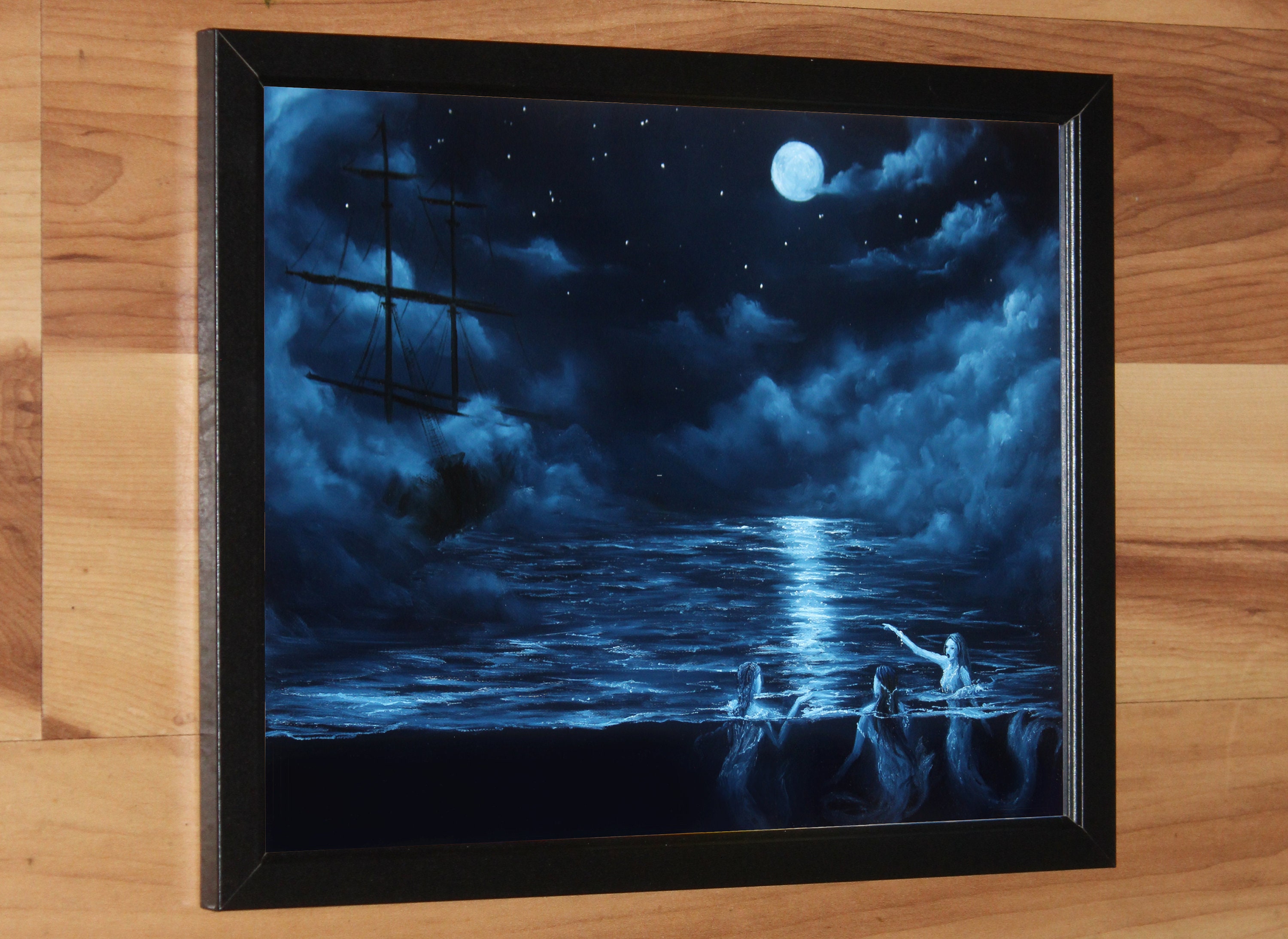 Art PRINT - Midnight Mermaids Sirens Dark Blue Foggy Night Ship Sailing ...