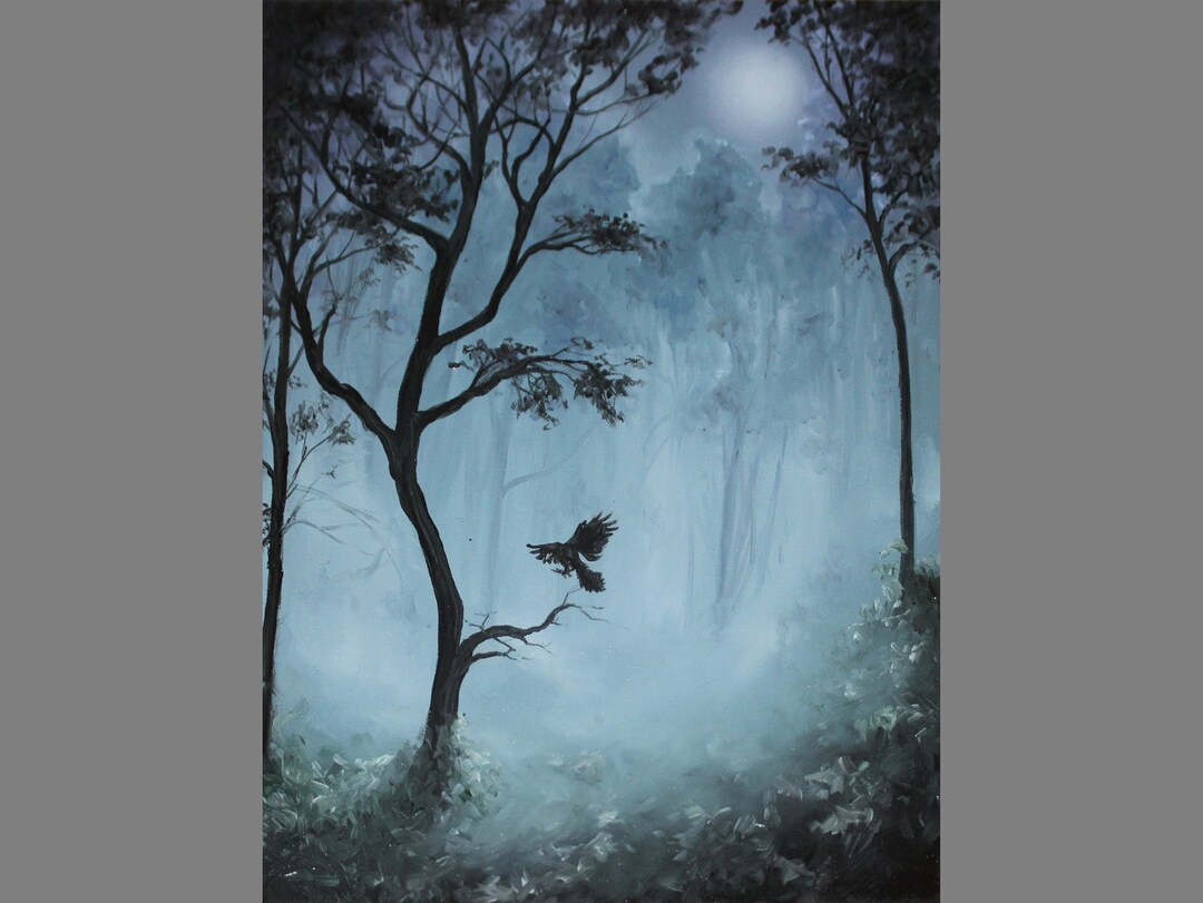 Art PRINT - Foggy Forest Woods Dreamy Enchanted Crow Raven Woods Fantasy Landscape Wall Art ...