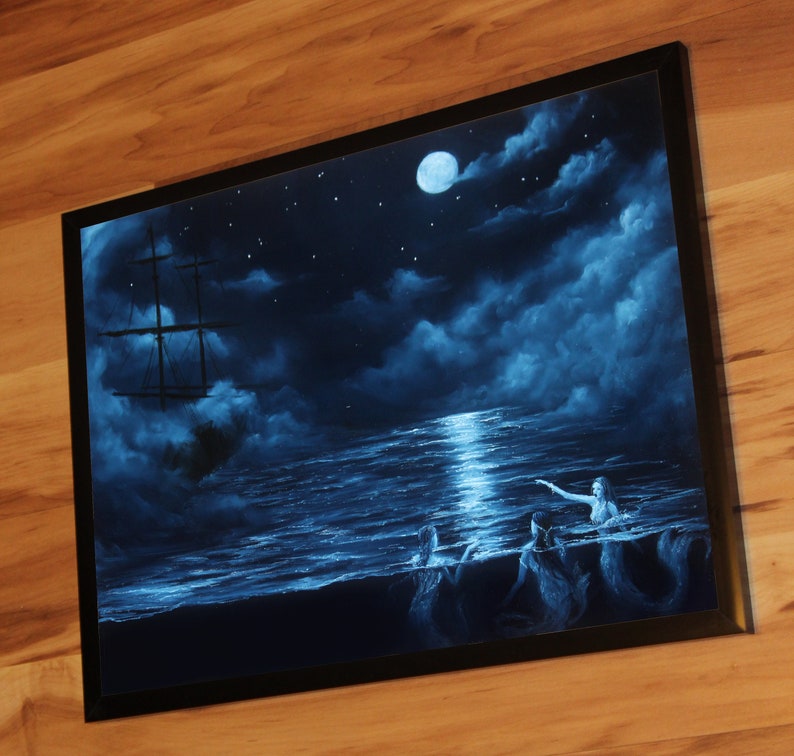 Art PRINT - Midnight Mermaids Sirens Dark Blue Foggy Night Ship Sailing ...