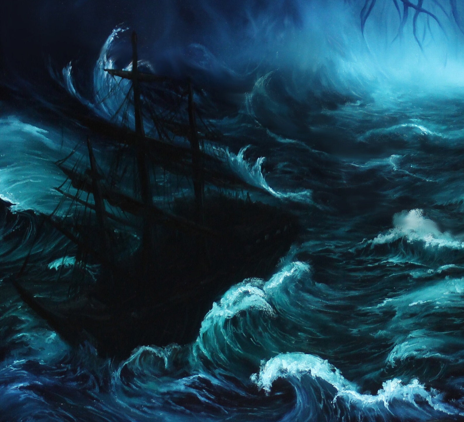 Art PRINT - Blue Green Ship Ocean Cthulhu Monster Tentacles Night ...