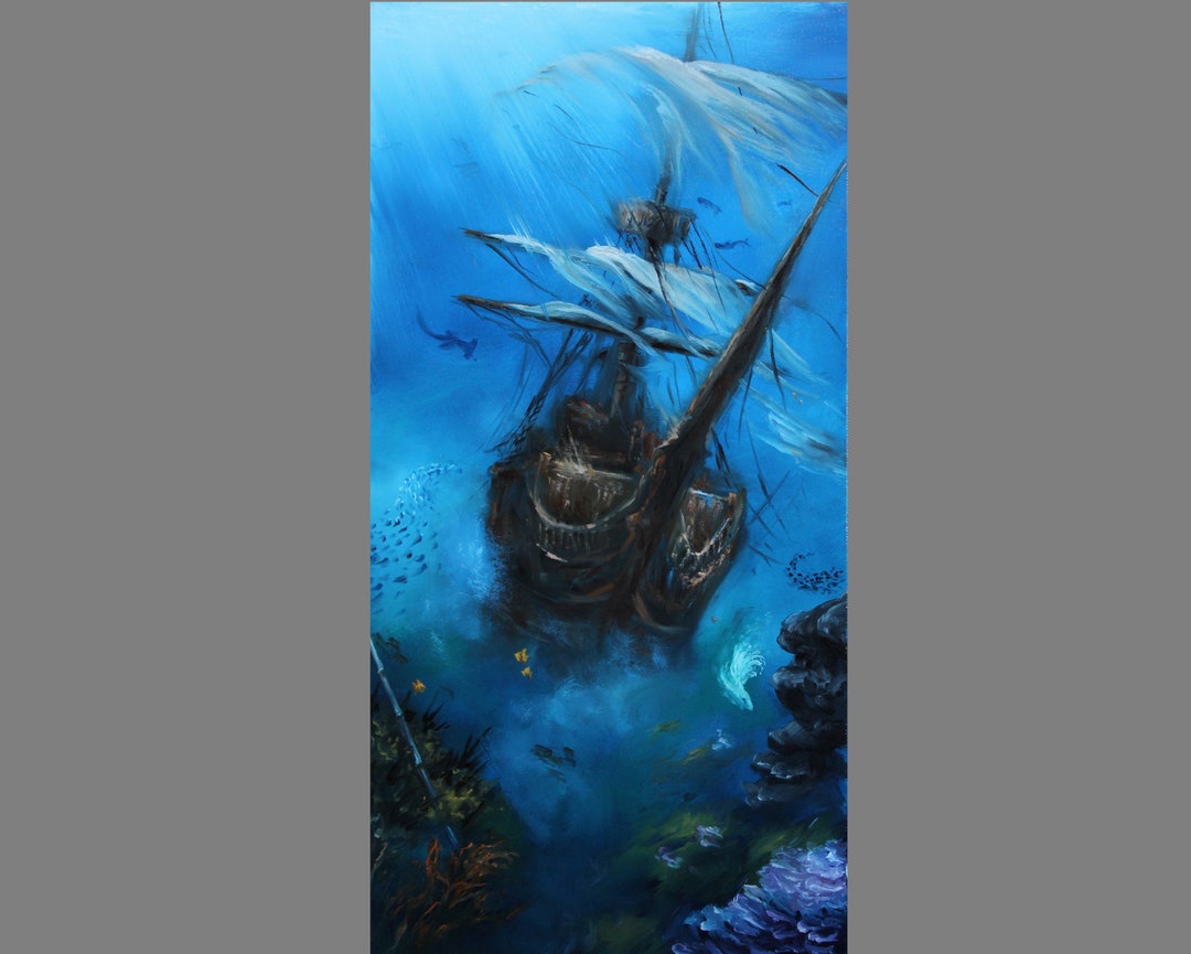 Art PRINT - Shipwreck Ship Ocean Underwater Fish Shark Coral Pirate ...