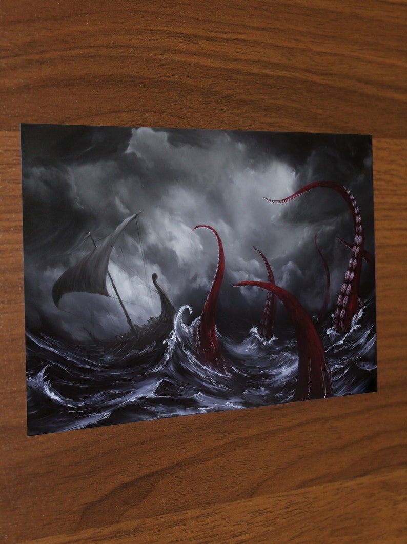 Art PRINT - Viking Longboat Ship Lovecraftian Monster Horror Fantasy ...