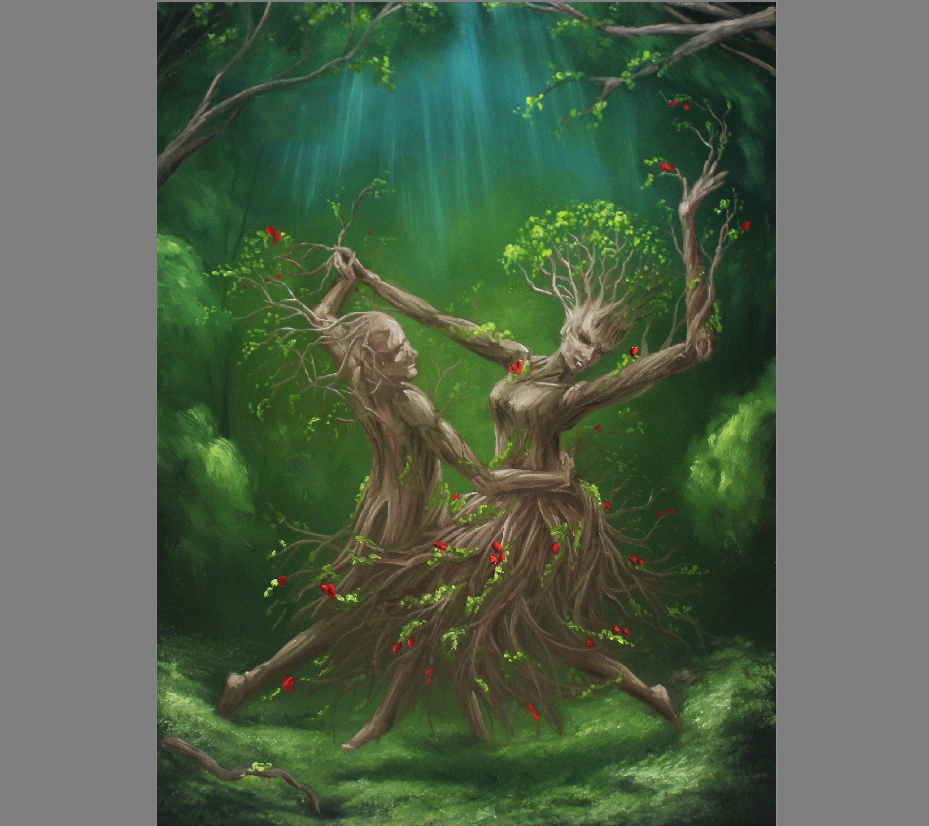 Art PRINT - Enchanted Dark Forest Spirits Dryads Dancing Trees ...