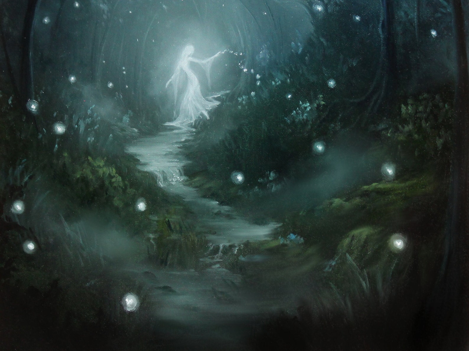 Art PRINT - Enchanted Dark Forest River Spirit Ghost Girl Fireflies ...